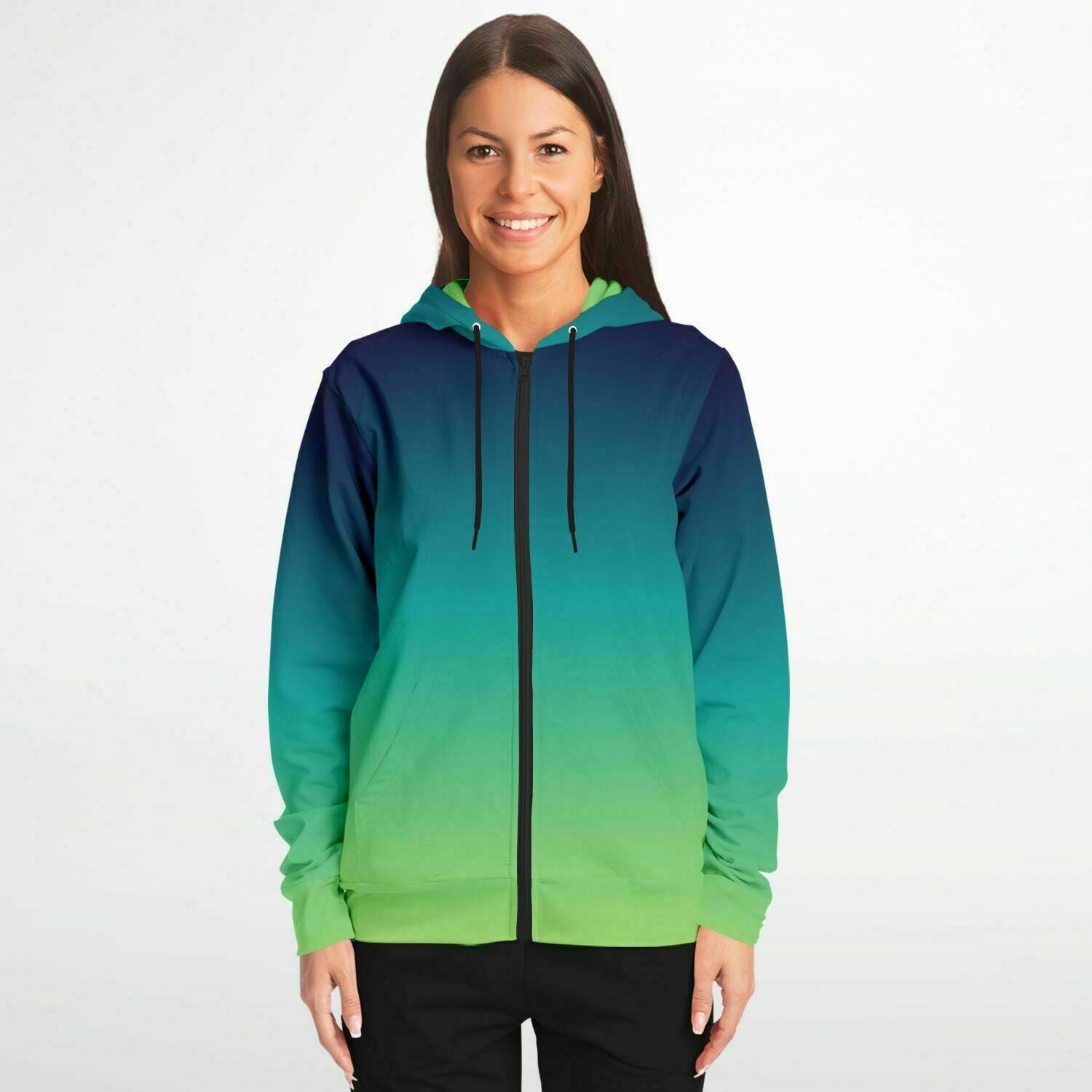 Blue Green Ombre Zip Up Hoodie, Gradient Tie Dye Front Zipper Pocket M ...