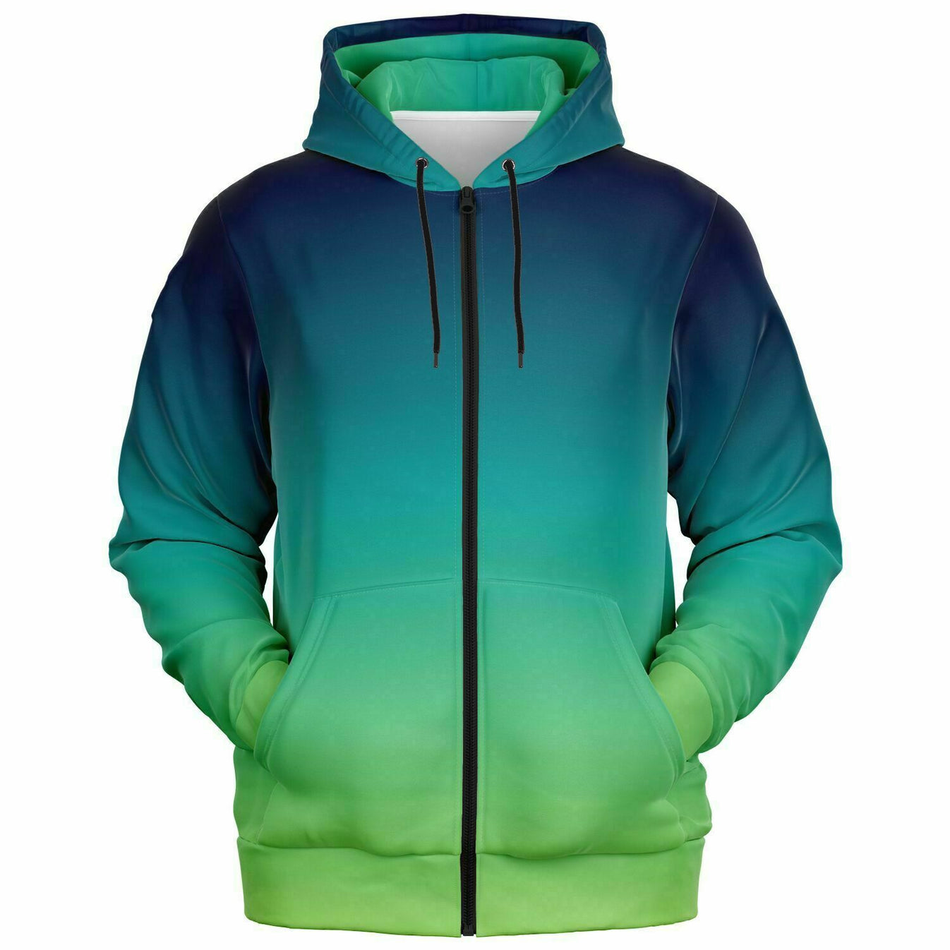 Blue Green Ombre Zip Up Hoodie, Gradient Tie Dye Front Zipper Pocket M ...