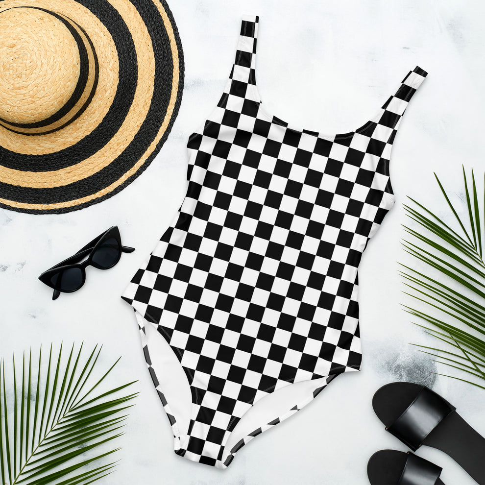 Checkered One Piece Swimsuit Women, Black White Check Checkerboard Rac ...