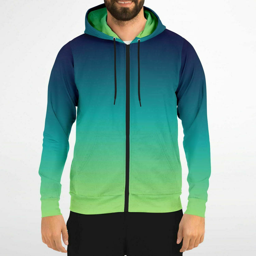 Blue Green Ombre Zip Up Hoodie, Gradient Tie Dye Front Zipper Pocket M ...