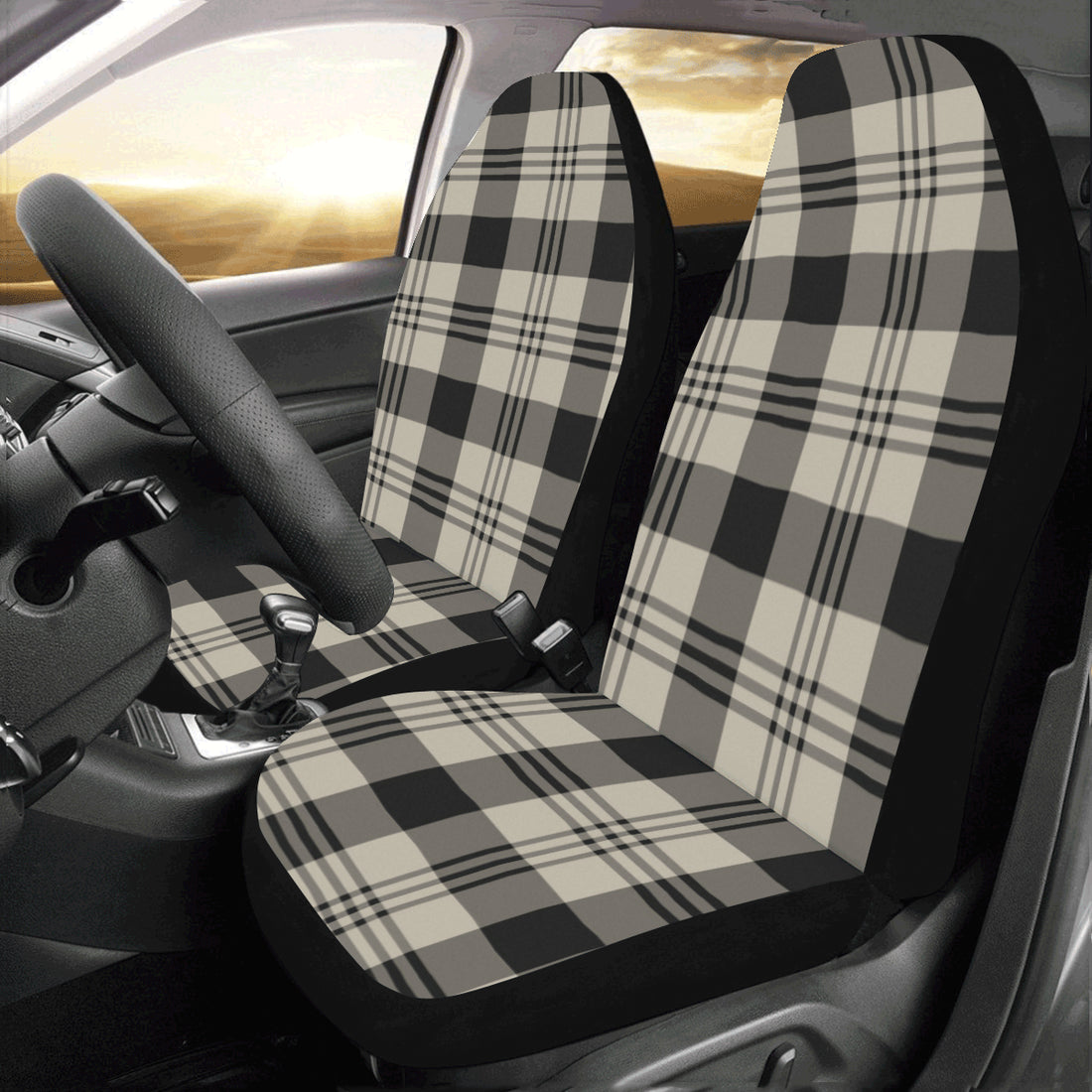 Plaid Car Seat Covers Set (2 pc), Tartan Buffalo Checks Black Beige Pa ...