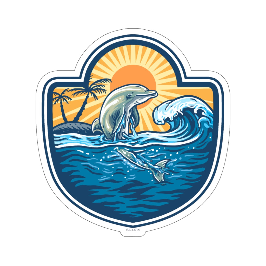 Dolphin Ocean Art Sticker, Sunset Laptop Decal Vinyl Cute Waterbottle ...