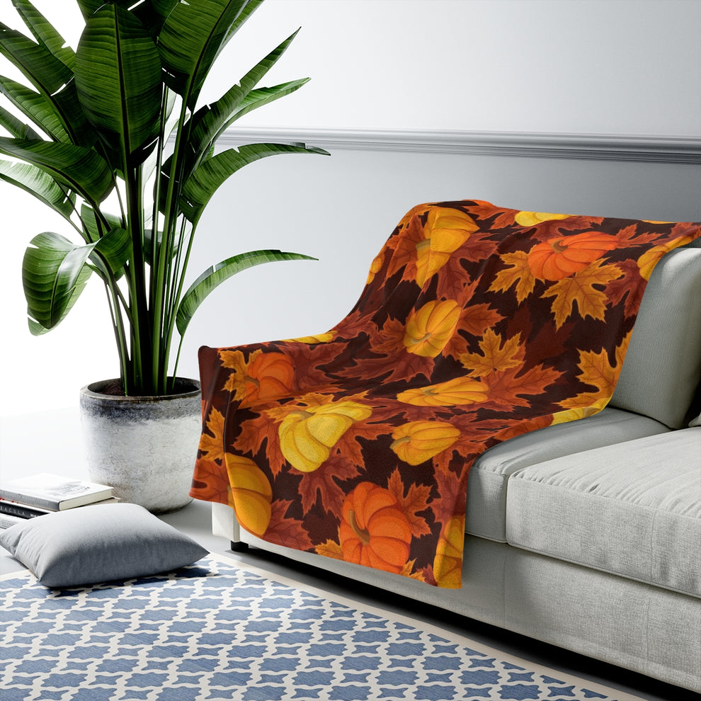 Pumpkins Fall Fleece Blanket, Autumn Leaf Thanksgiving Velveteen Throw ...