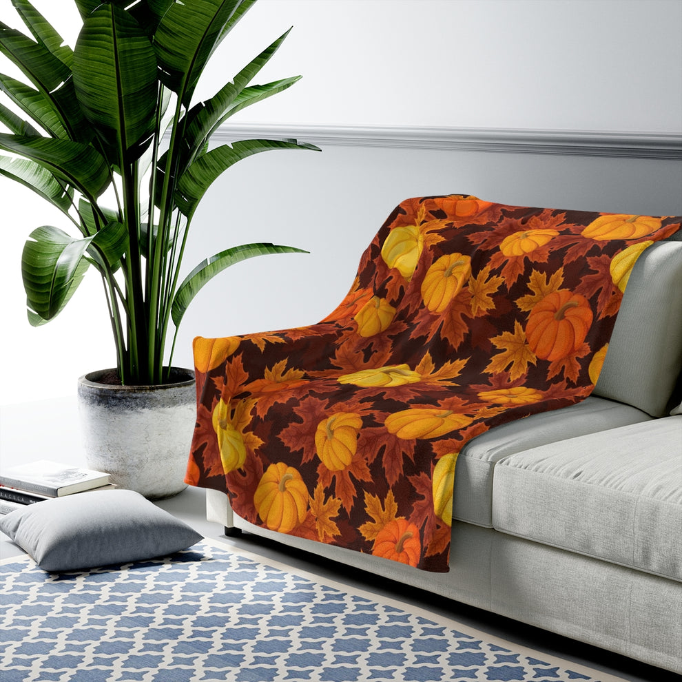 Pumpkins Fall Fleece Blanket, Autumn Leaf Thanksgiving Velveteen Throw ...